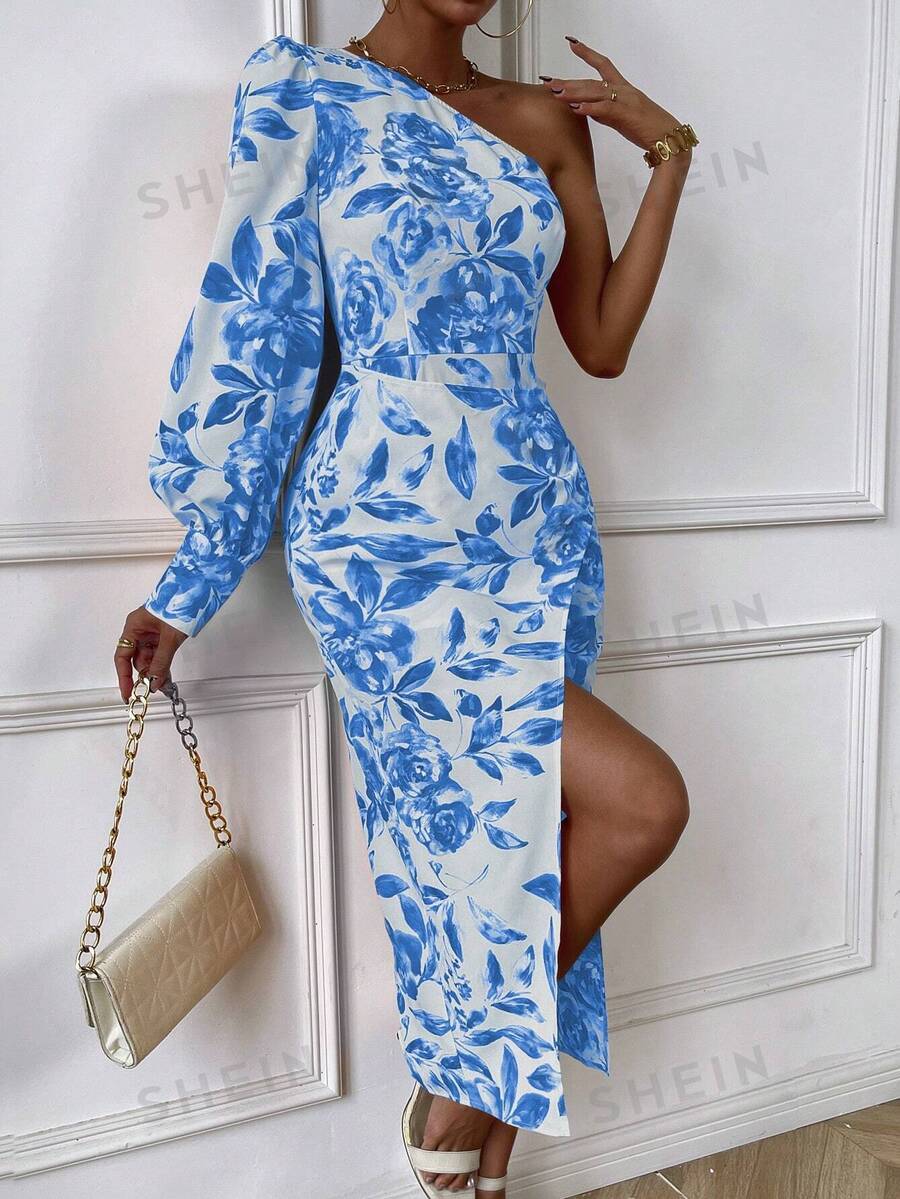 SHEIN Privé Floral Print One Shoulder Wrap Hem Dress for Sale Australia ...
