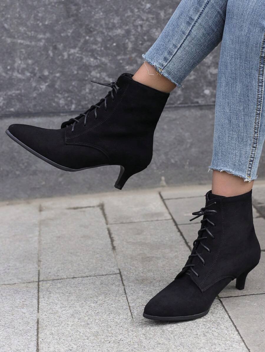 Ladies' Stylish Black Faux Suede Short Boots With Strap, Thin Heel ...