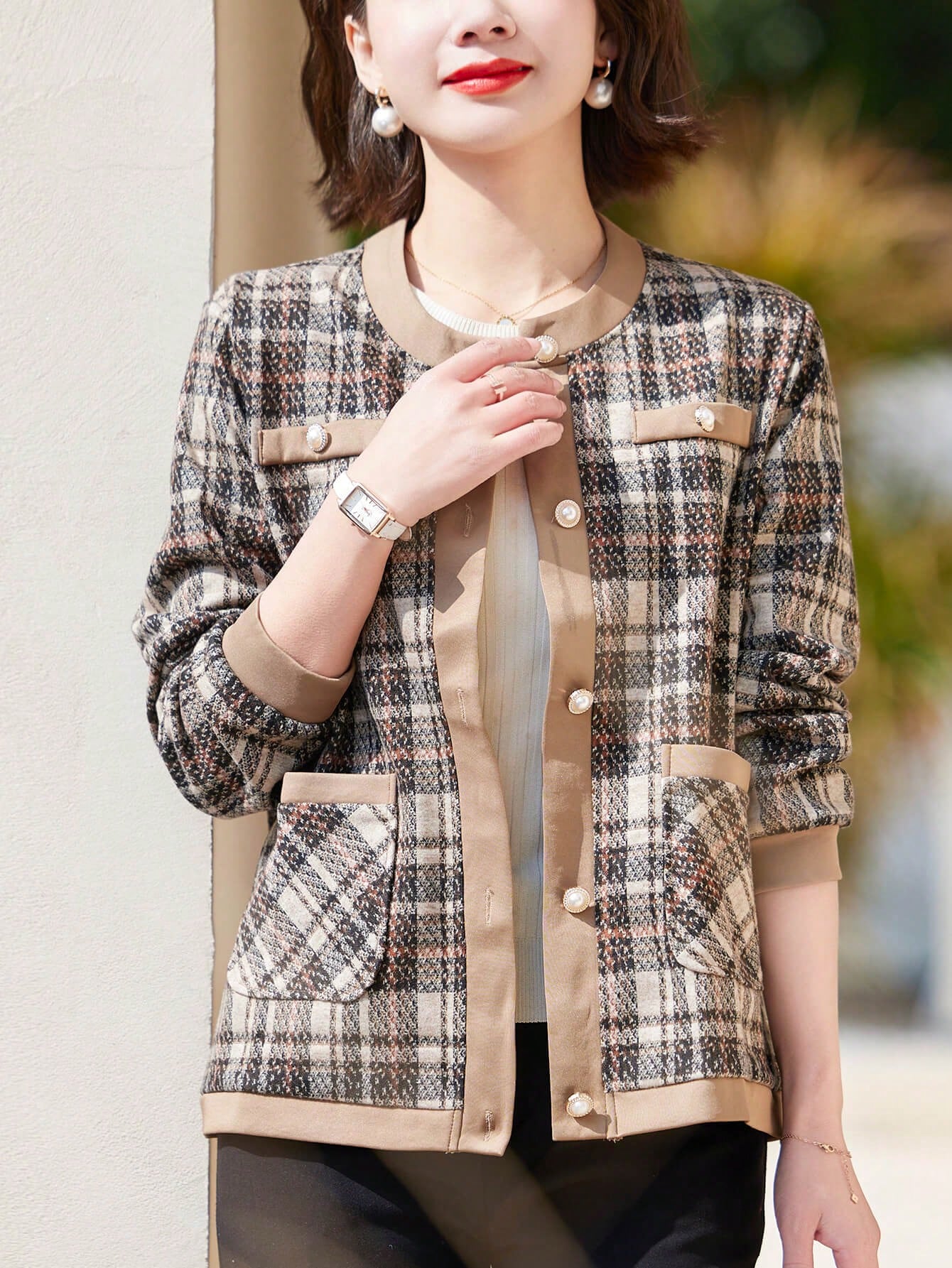 Plaid Print Contrast Trim Jacket | SHEIN USA