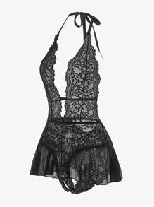 Floral Lace Scallop Trim Halter Teddy Bodysuit Lingerie | SHEIN USA