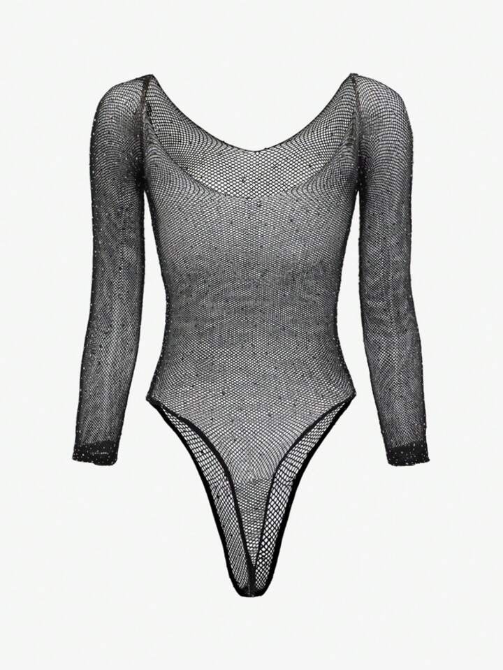 Teddy Body mit Strass, Nieten, Fischnetz ohne Dessous Set | SHEIN Schweiz