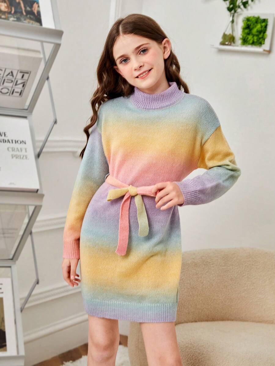 SHEIN Tween Girl Mock Neck Drop Shoulder Belted Ombre Sweater Dress ...