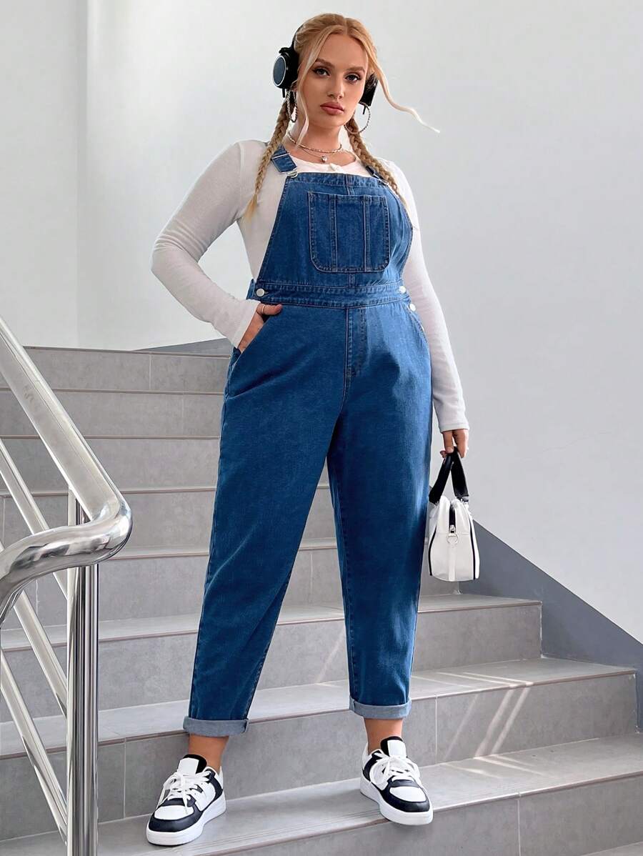 SHEIN EZwear Plus Slant Pocket Denim Overalls Without Top | SHEIN USA