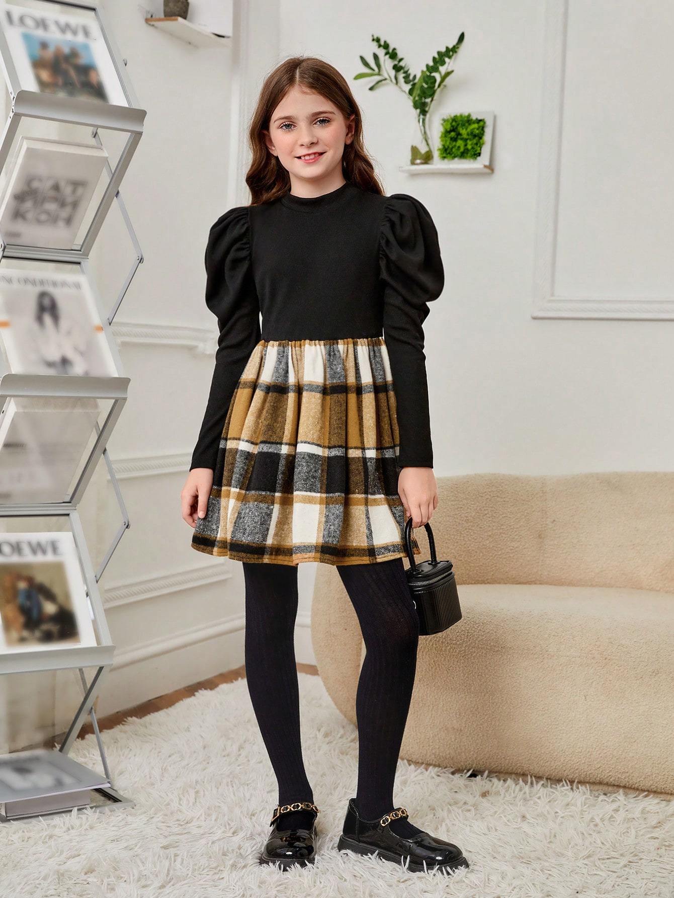 SHEIN Tween Girl Plaid Print Gigot Sleeve Dress Without Belt | SHEIN UK