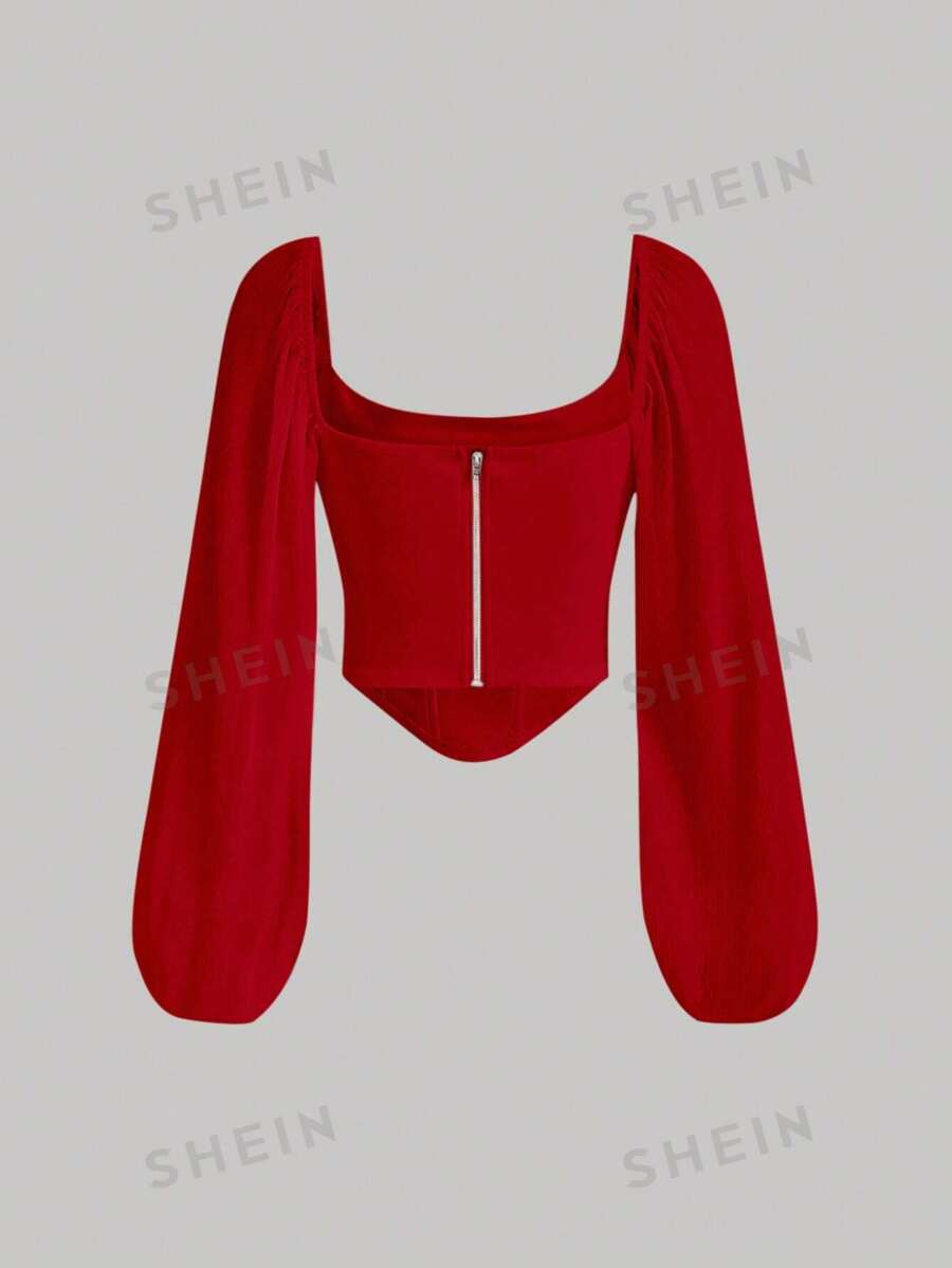 SHEIN MOD Square Neck Lantern Sleeve Ruched Bandana Hem Crop Red Bra ...