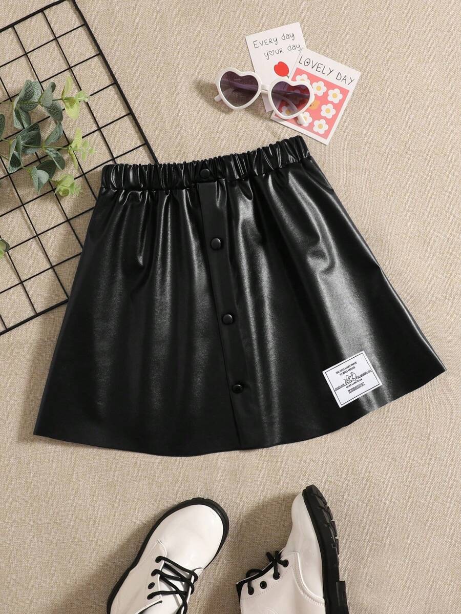 SHEIN Tween Girl Letter Patched Detail PU Leather Skirt | SHEIN USA