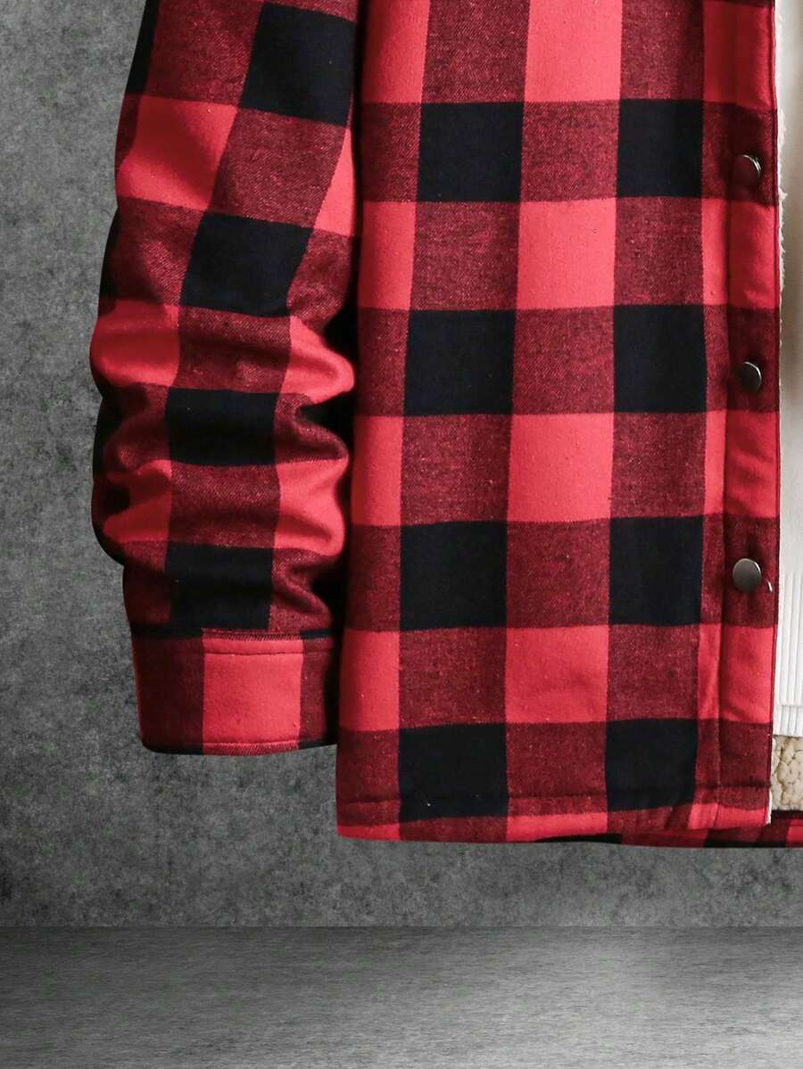 Manfinity Homme Men 1pc Buffalo Plaid Print Borg Collar Flap Pocket ...