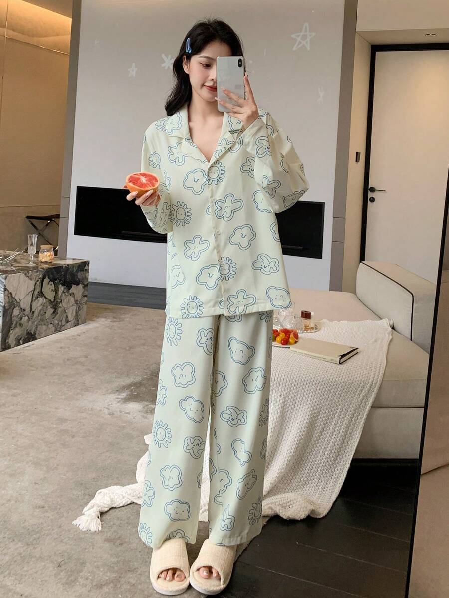 DAZY Cartoon Print Contrast Piping PJ Set | SHEIN USA