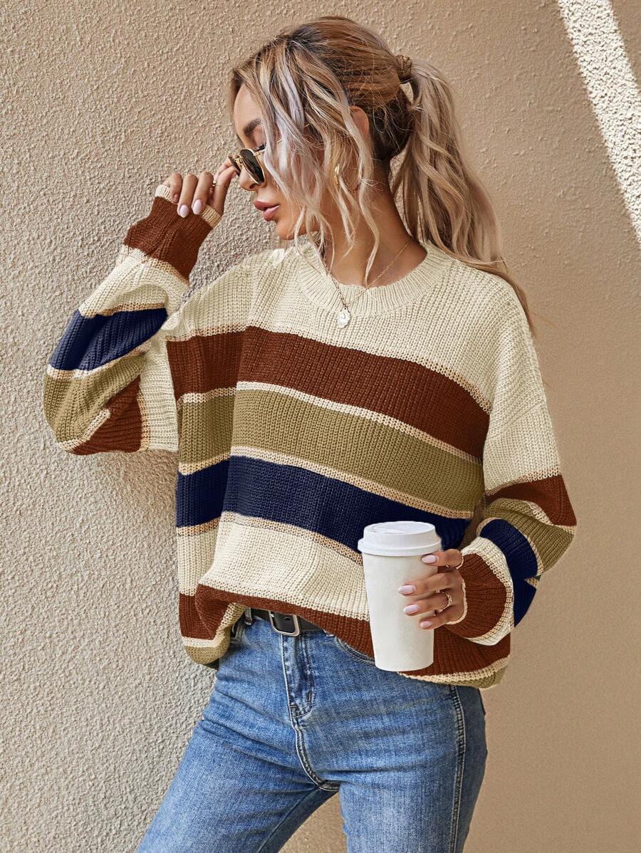 Calvaya Colorblock Drop Shoulder Oversized Sweater,Long Sleeve Tops ...