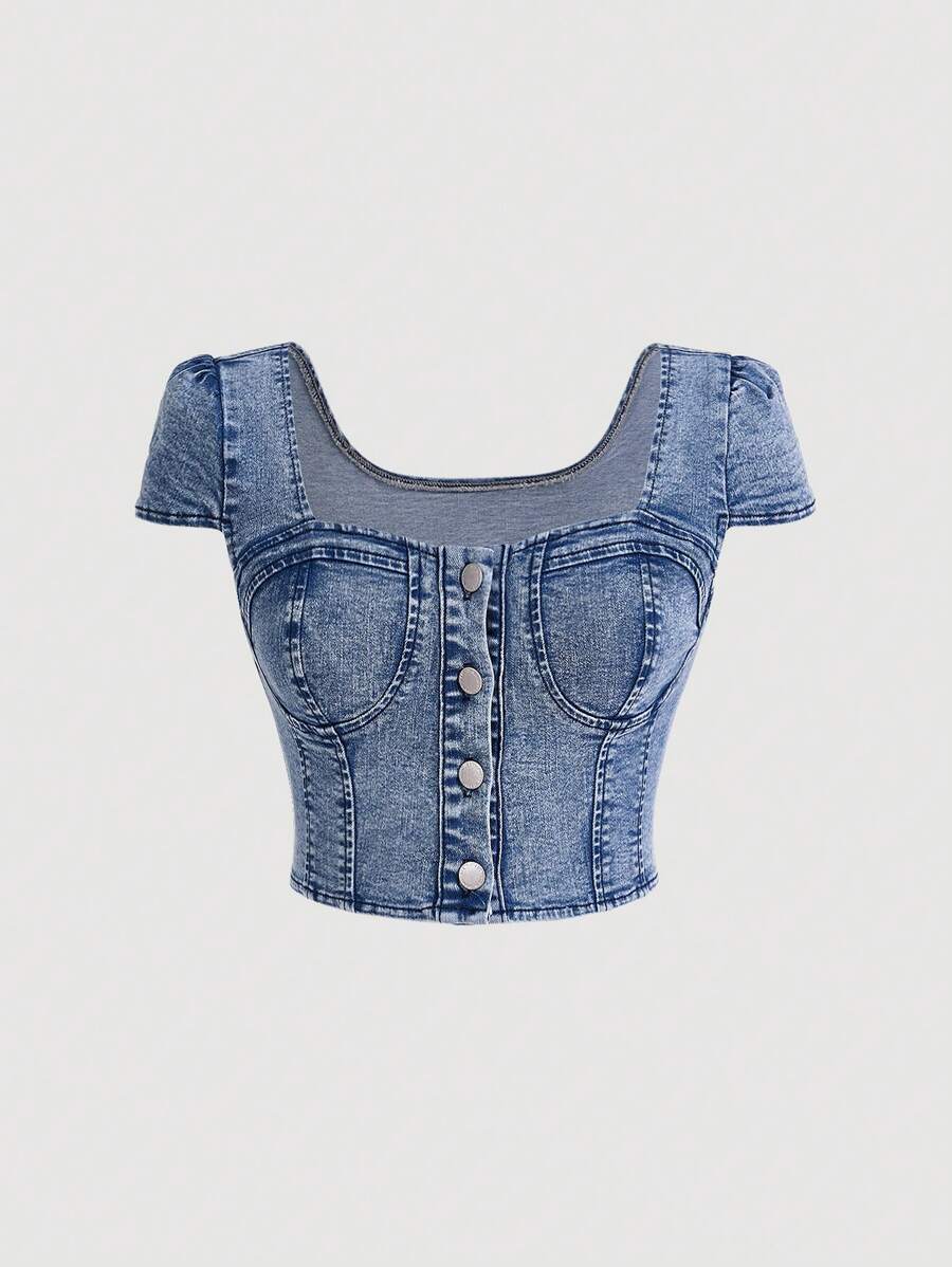 SHEIN EZwear Sweetheart Neck Button Front Bustier Denim Top | SHEIN USA
