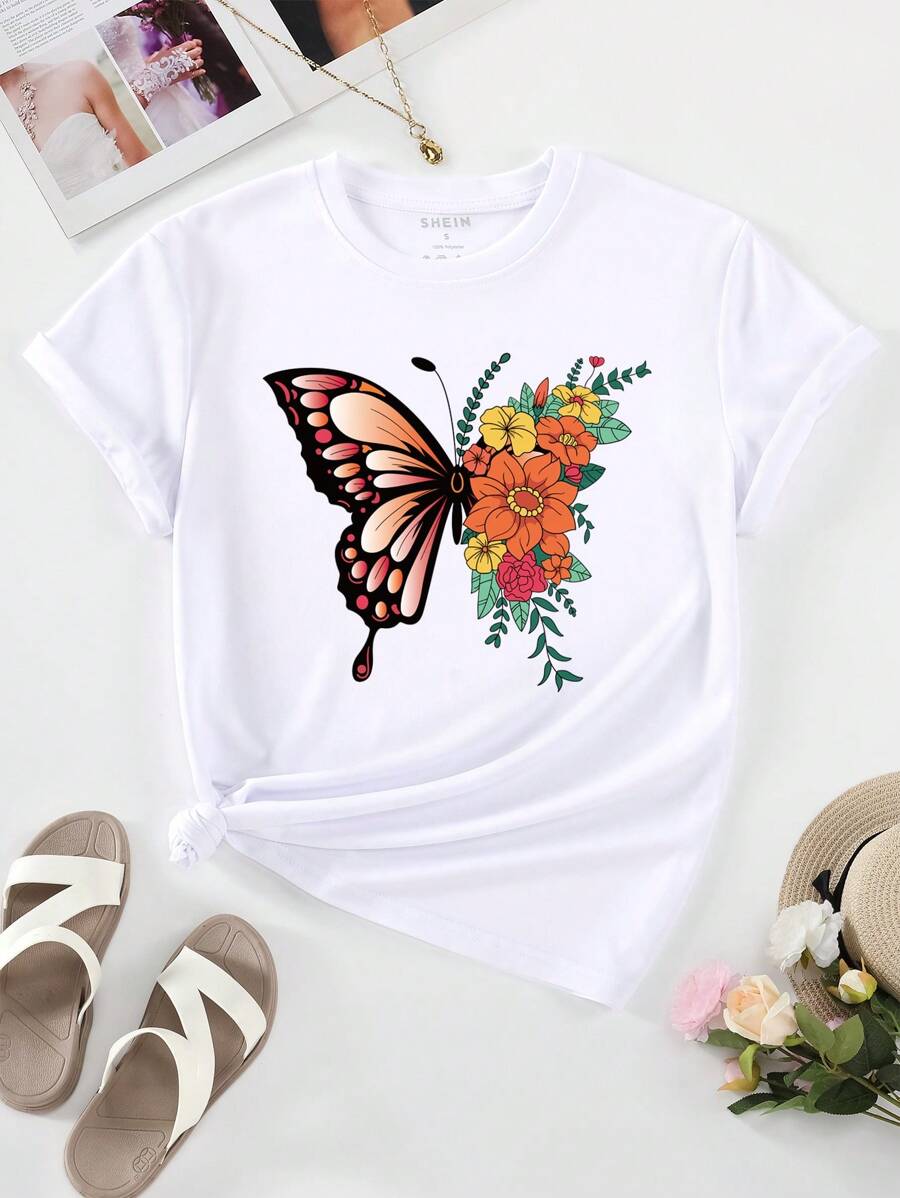 SHEIN EZwear Butterfly And Floral Print Tee | SHEIN USA
