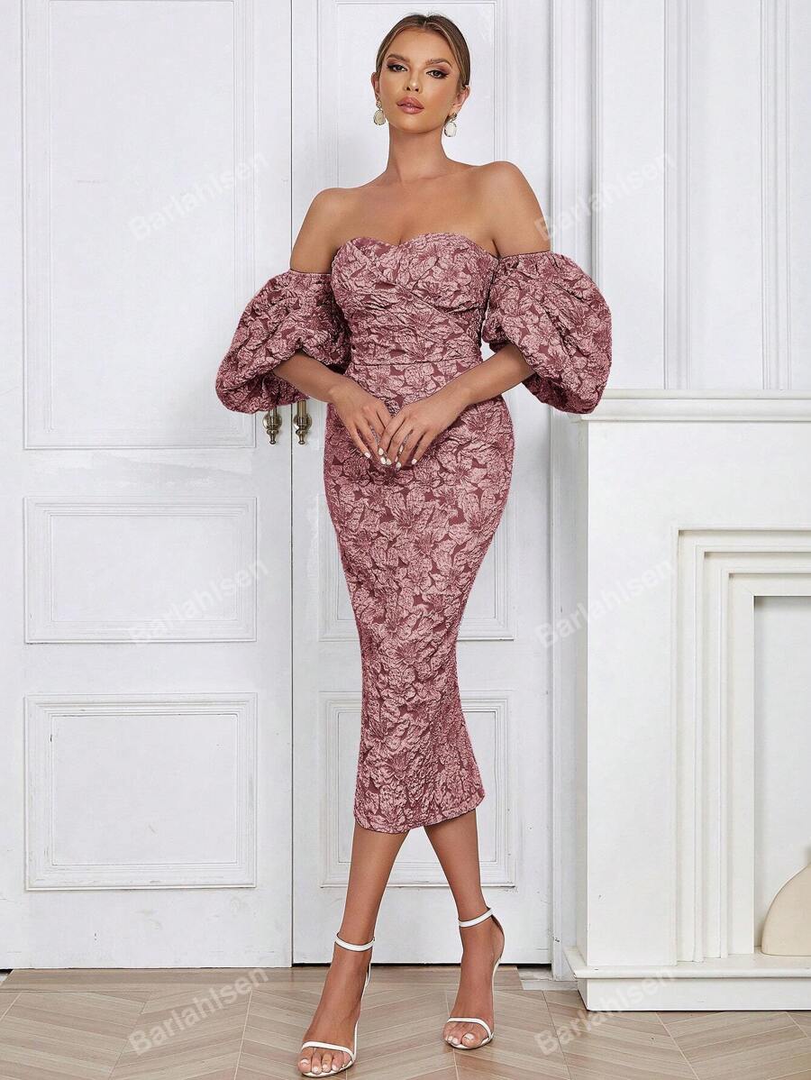 Off Shoulder Puff Sleeve Floral Jacquard Bodycon Dress | SHEIN USA