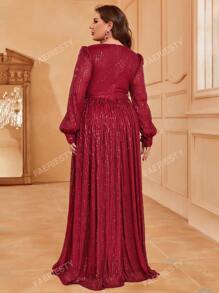 Faeriesty Plus Surplice Neck Lantern Sleeve Sequin Party Dress | SHEIN USA
