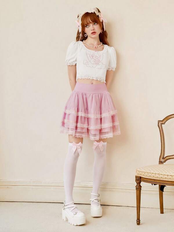 Romwe Kawaii Contrast Lace Mesh Overlay Skirt Shein Usa