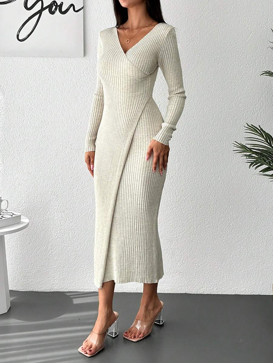 EURMUSE Solid Ribbed Knit Wrap Hem Sweater Dress | SHEIN USA