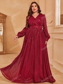 Faeriesty Plus Surplice Neck Lantern Sleeve Sequin Party Dress | SHEIN USA