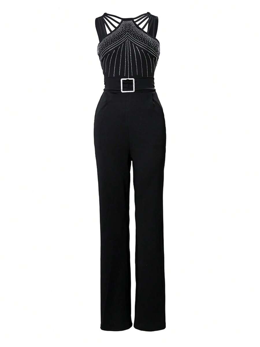 Black Sleeveless Backless Jumpsuit With Rhinestones, Slim Straps, And Scarf Belt Design | SHEIN USA