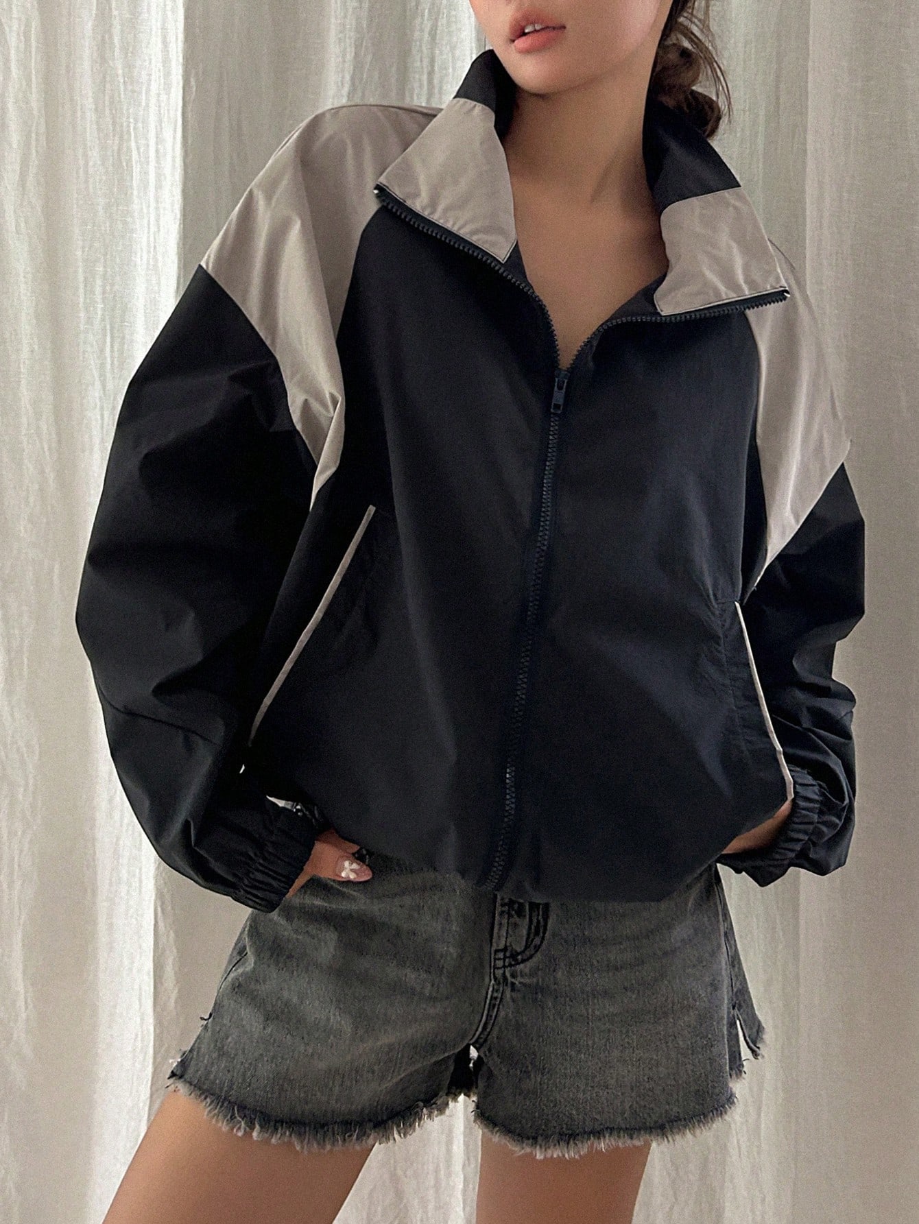DAZY Two Tone Drawstring Hem Drop Shoulder Zipper Jacket | SHEIN USA