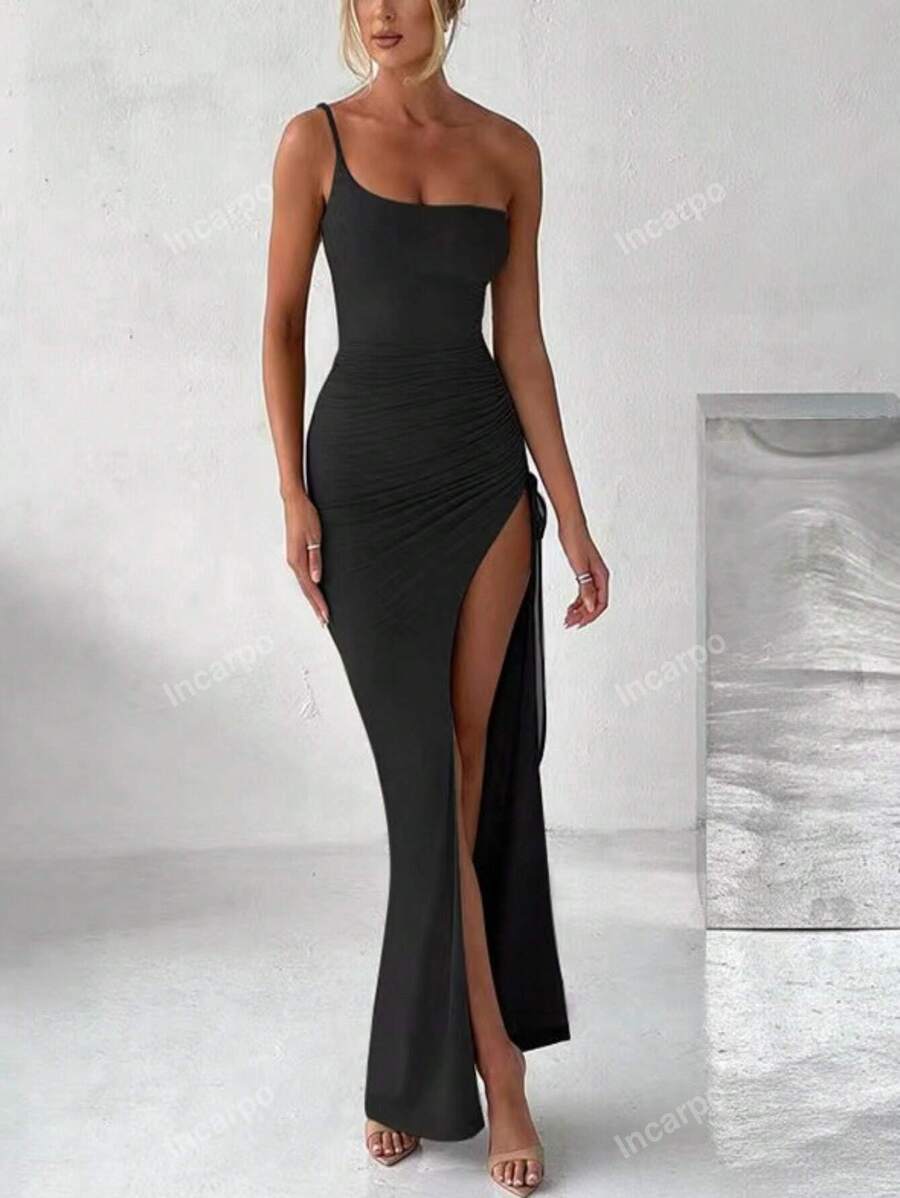 One Shoulder Drawstring Split Thigh Dress | SHEIN USA