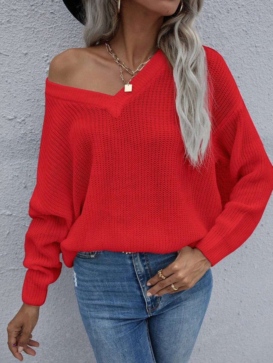 EURMUSE Solid Drop Shoulder V Neck Sweater | SHEIN USA