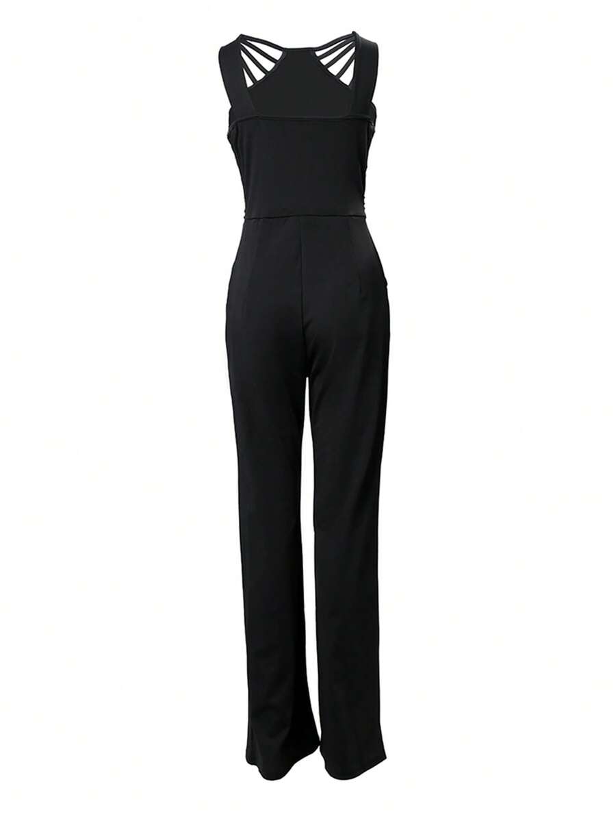 Black Sleeveless Backless Jumpsuit With Rhinestones, Slim Straps, And Scarf Belt Design | SHEIN USA