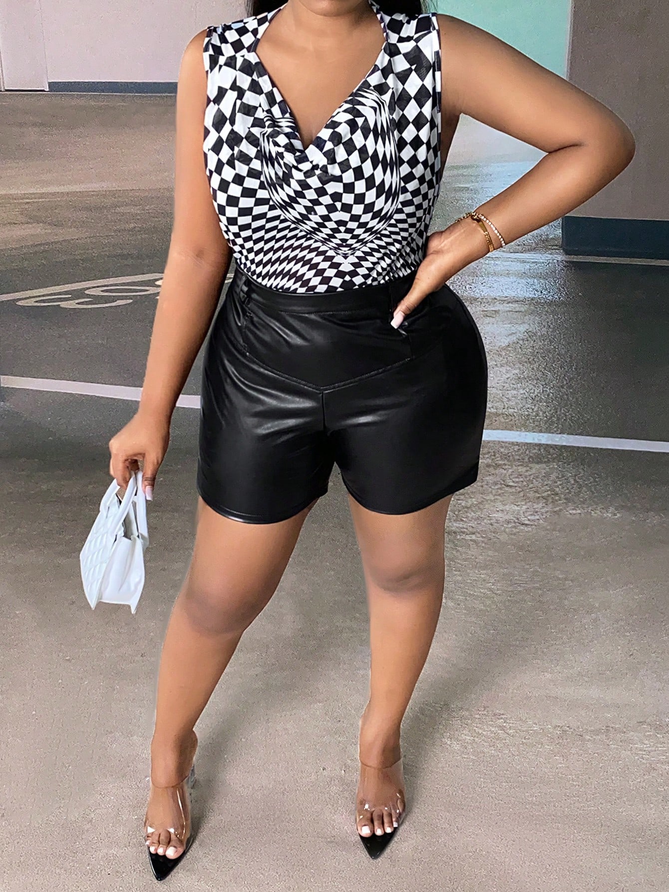 Mindsi Plus Checker Print Draped Collar Tank Top | SHEIN USA