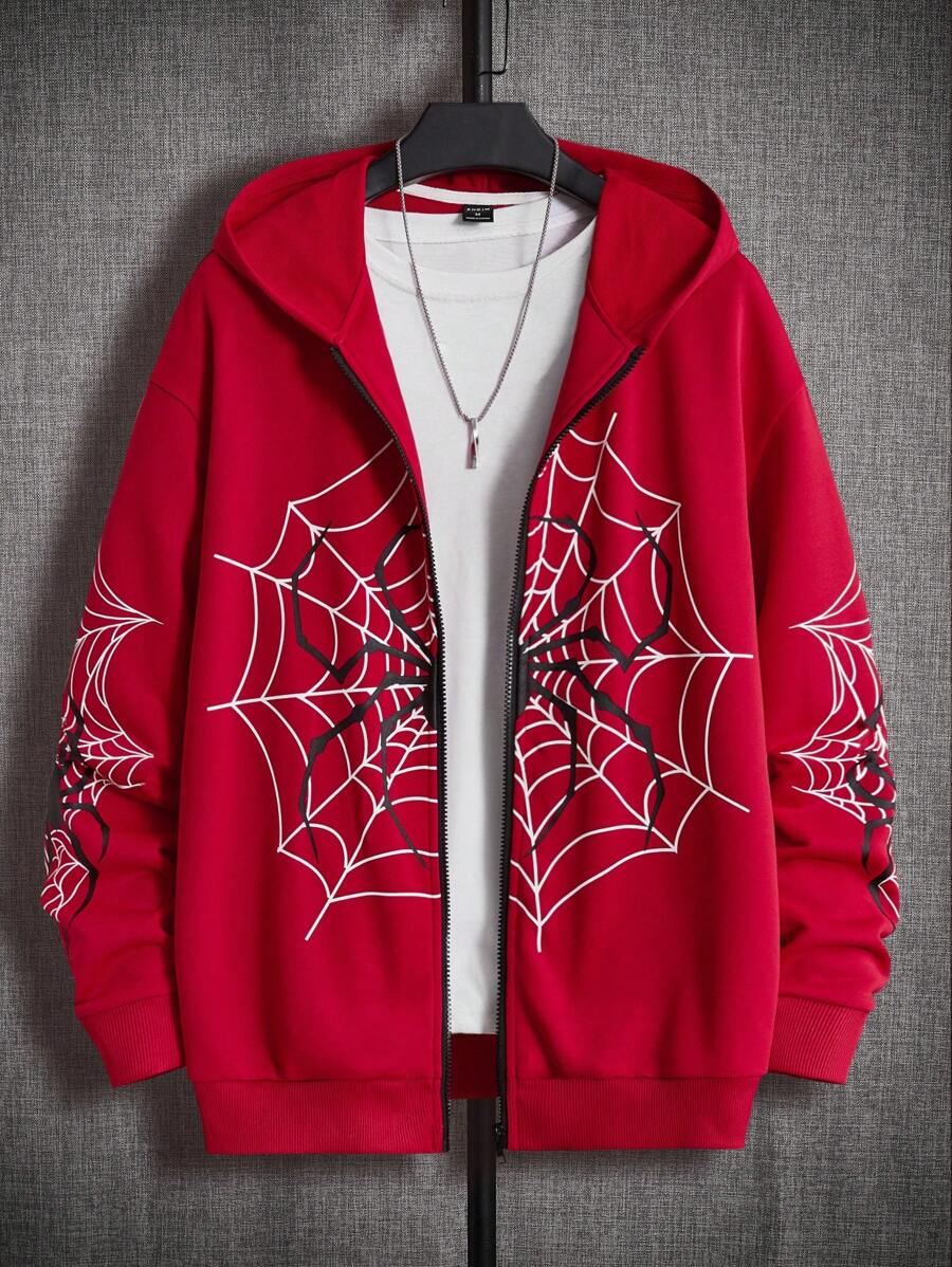 Manfinity RebelGame Loose Men's Spider Web Print Zip Up Hoodie (Excluding T-Shirt), Going Out ...