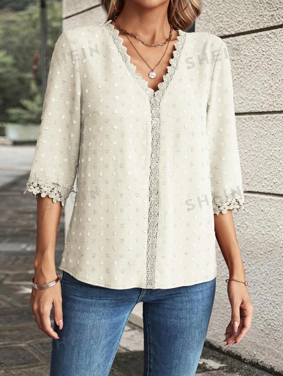 Shein Clasi Swiss Dot Guipure Lace Trim Blouse Shein Usa