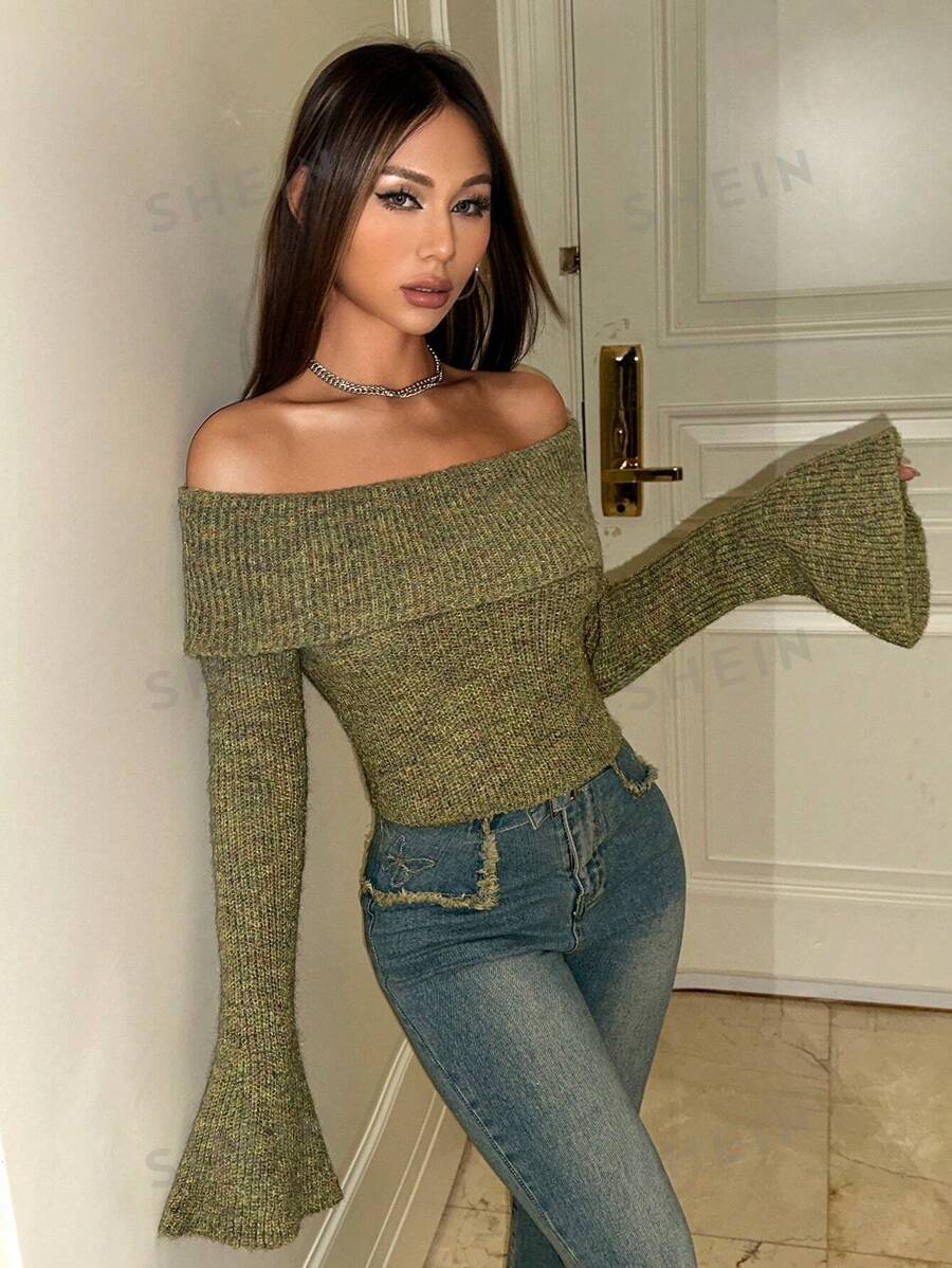 SHEIN ICON Y2K Grunge Hippie Off Shoulder Foldover Flounce Sleeve Marled Knit Sweater | SHEIN UK