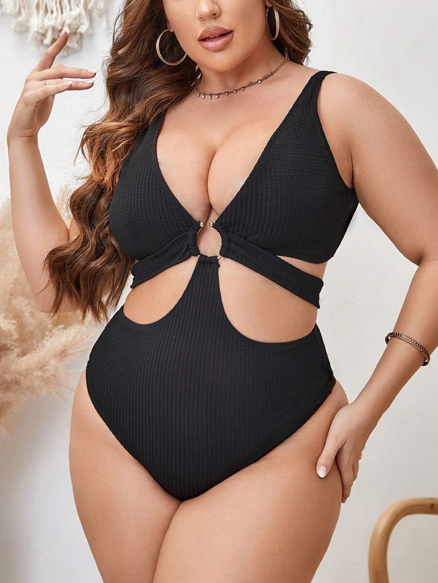SHEIN Swim Curve Plus Ring Linked Cut Out Waist Plunging Neck One Piece Swimsuit | SHEIN USA