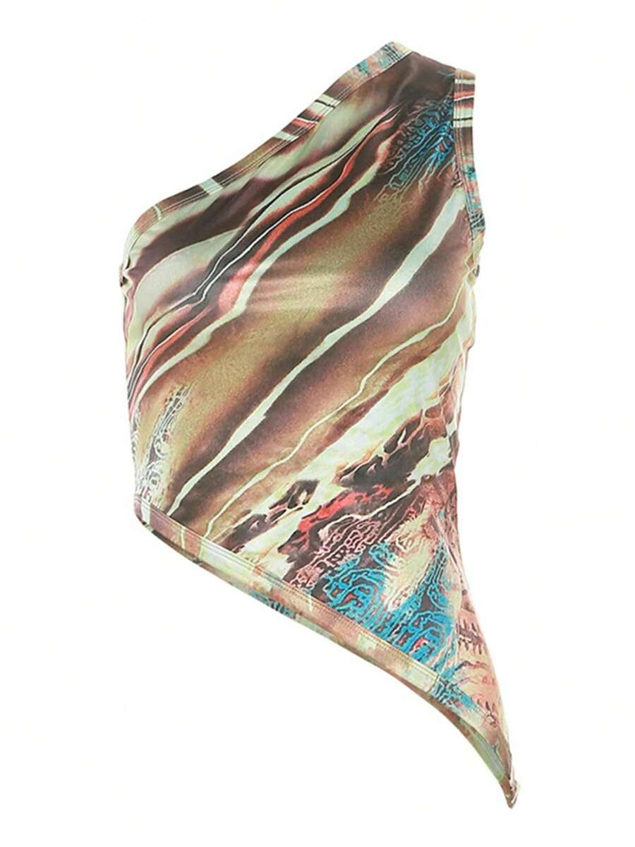 Graphic Print One Shoulder Asymmetrical Hem Top Asymmetrical Top