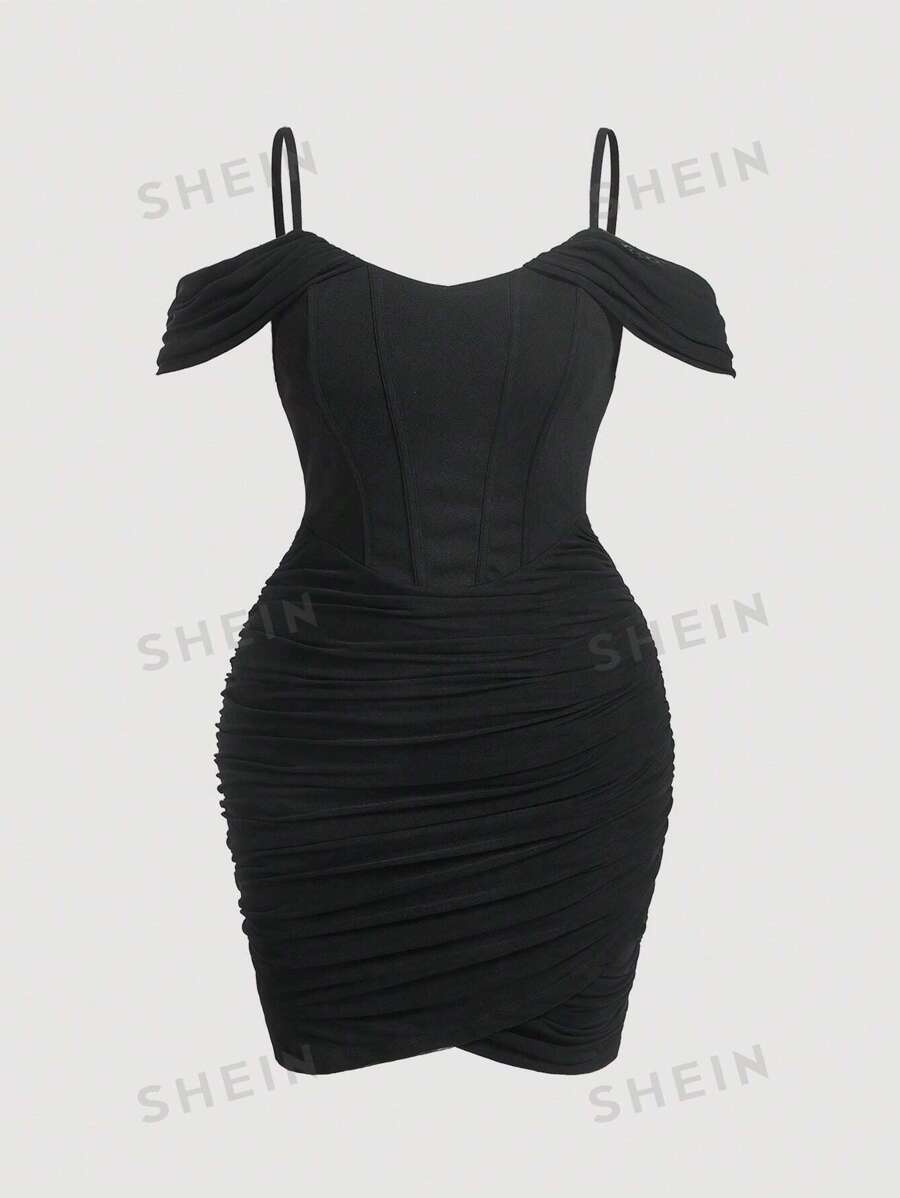 Shein Mod Plus Cold Shoulder Ruched Wrap Hem Bodycon Dress Shein Usa