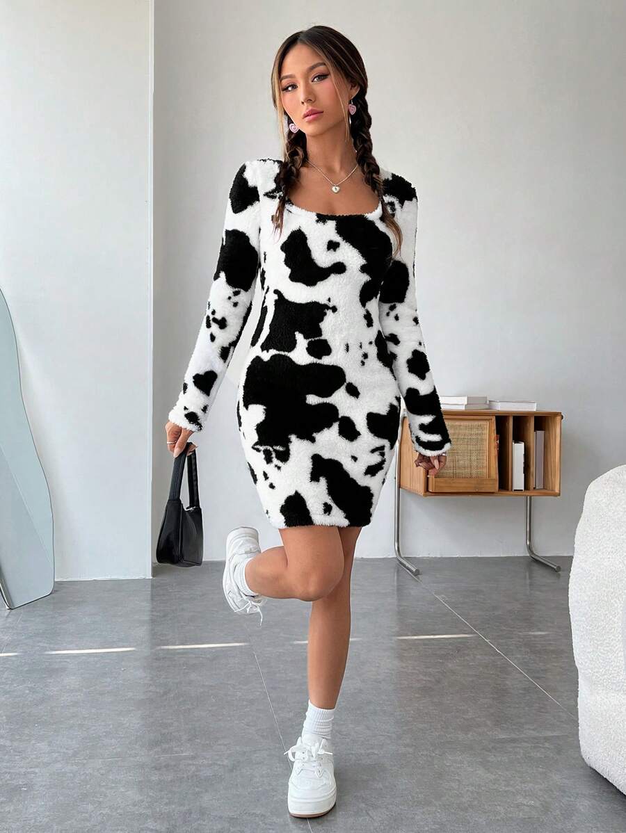 SHEIN Cow Print Scoop Neck Fuzzy Bodycon Dress | SHEIN EUR