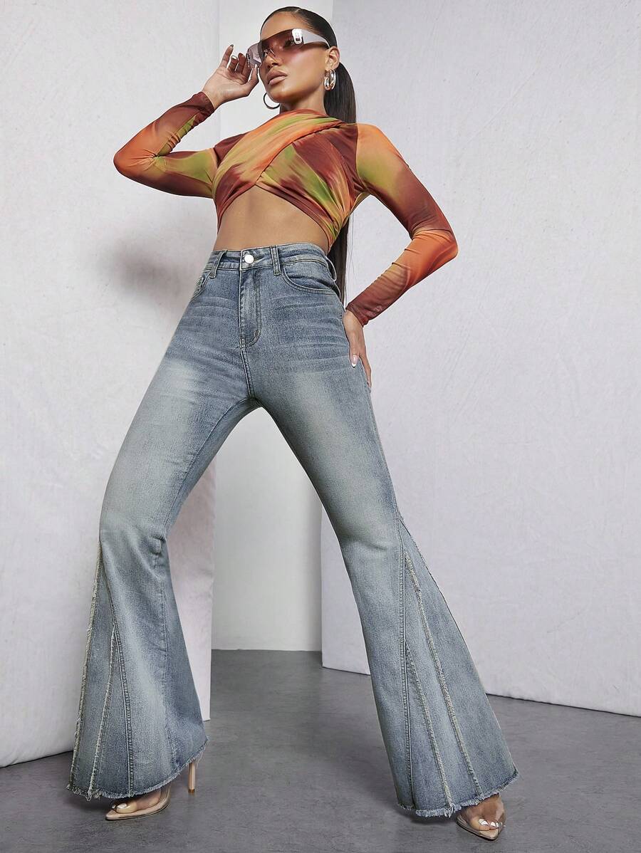 Nature Denim High Waist Frayed Edge Flare Leg Jeans | SHEIN USA