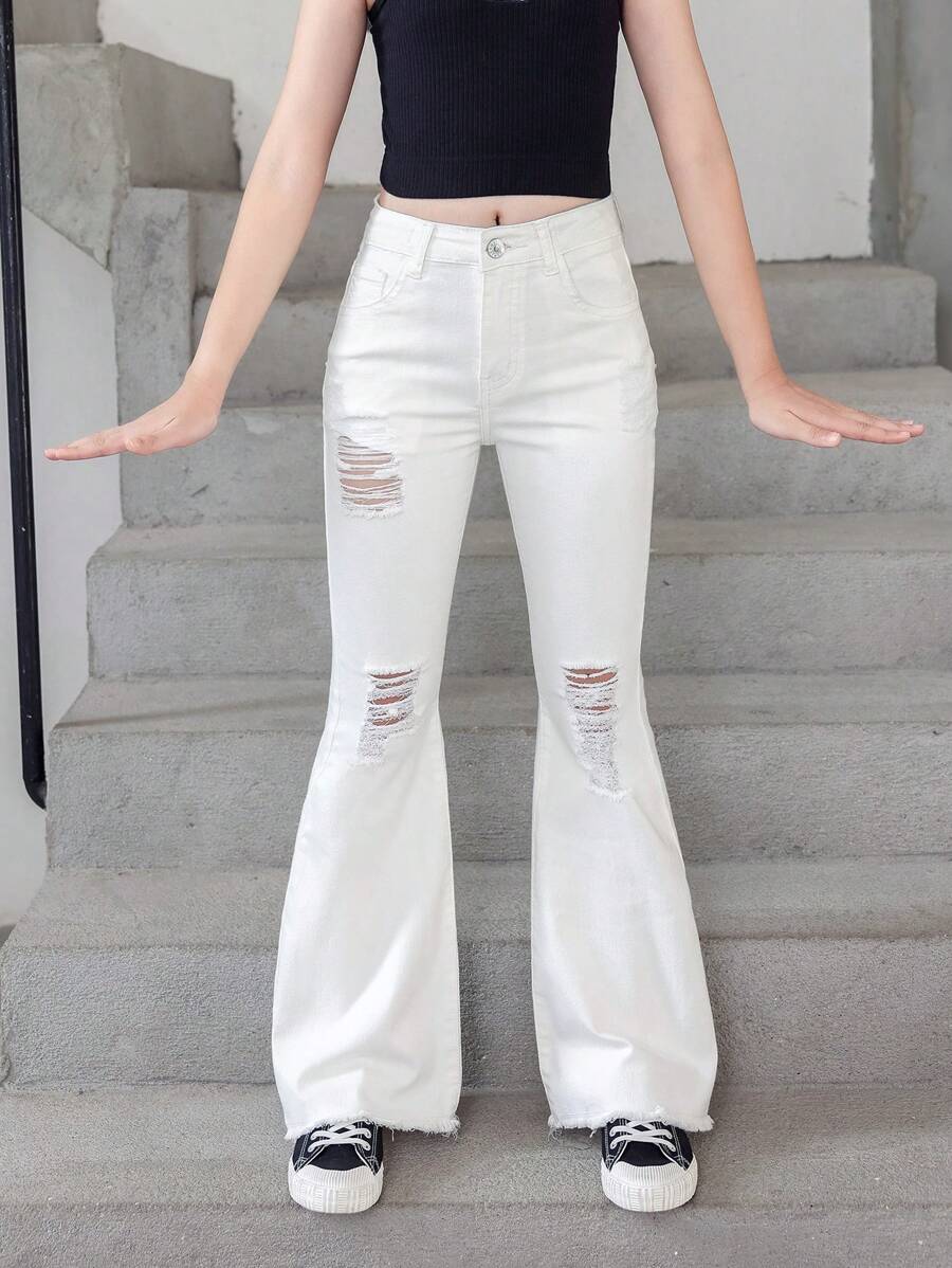 Tween Girl Solid Color Washed Simple All-Match Flared Jeans With Ripped ...