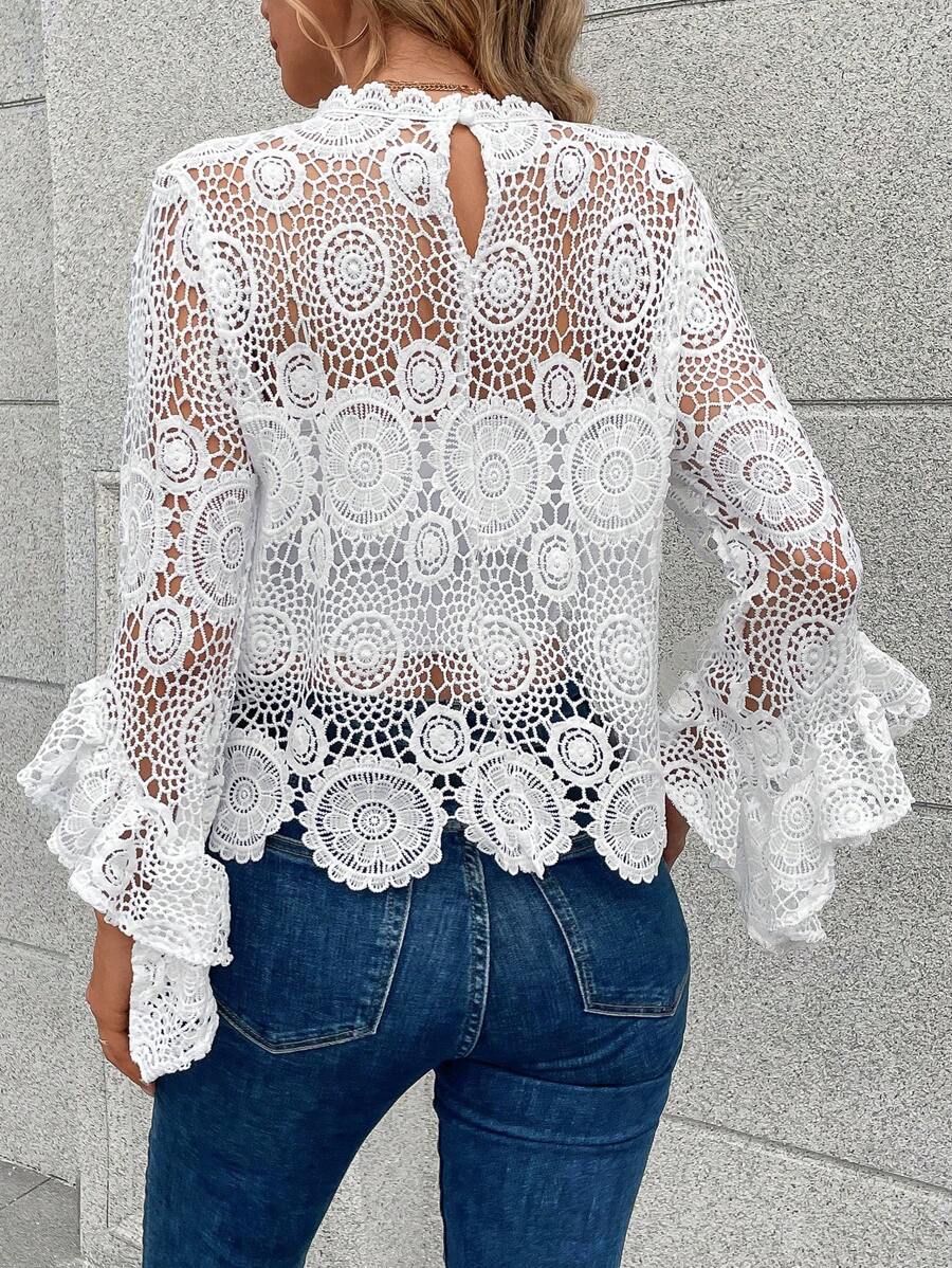 Shein Essnce Guipure Lace Flounce Sleeve Blouse Shein Usa