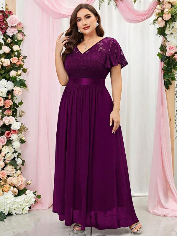 Miusol Plus Contrast Floral Lace Butterfly Sleeve Chiffon Formal