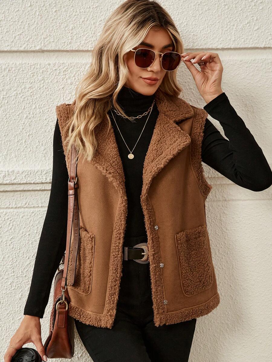 SHEIN LUNE Women's Corduroy Collared Patchwork Suede Vest Jacket With ...