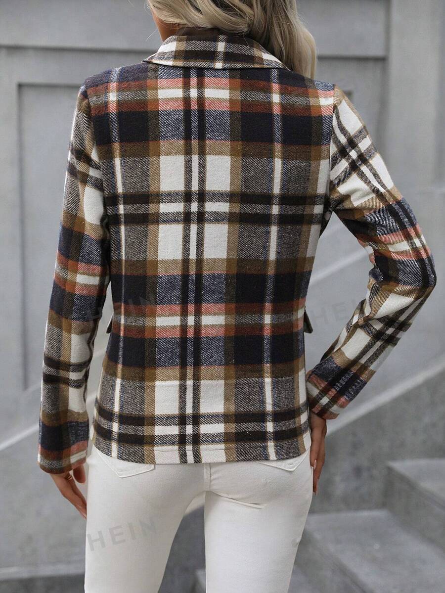 SHEIN Essnce Plaid Print Double Breasted Blazer | SHEIN UK