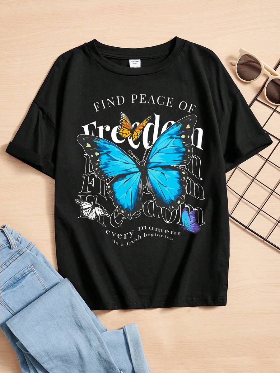 Teen Girl Butterfly & Slogan Graphic Tee | SHEIN USA