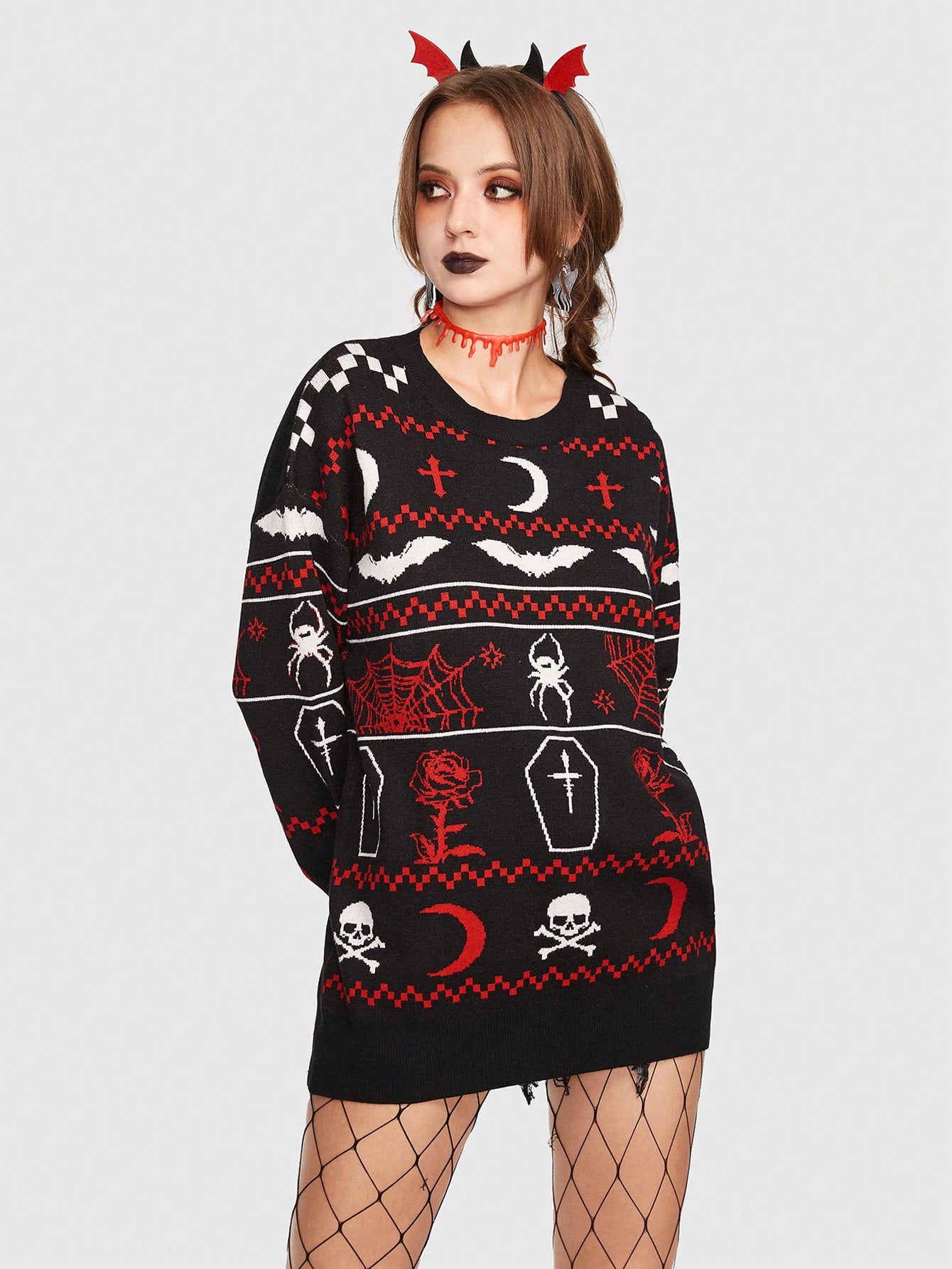 ROMWE Goth Women'S Gothic Pattern New Year'S Eve Pullover Sweater With ...