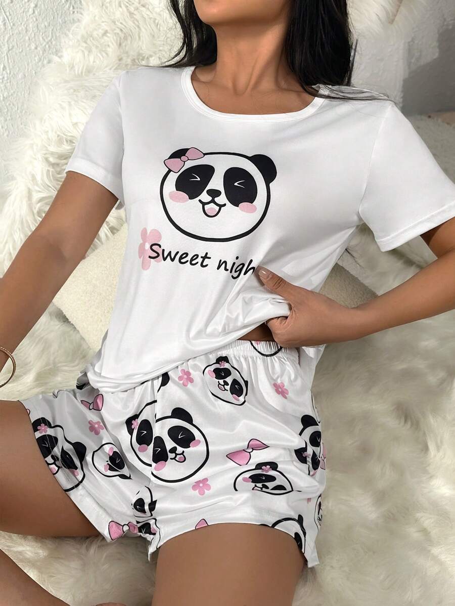 Panda & Slogan Graphic White Top & Shorts PJ Set / Pajama Set With Eye ...
