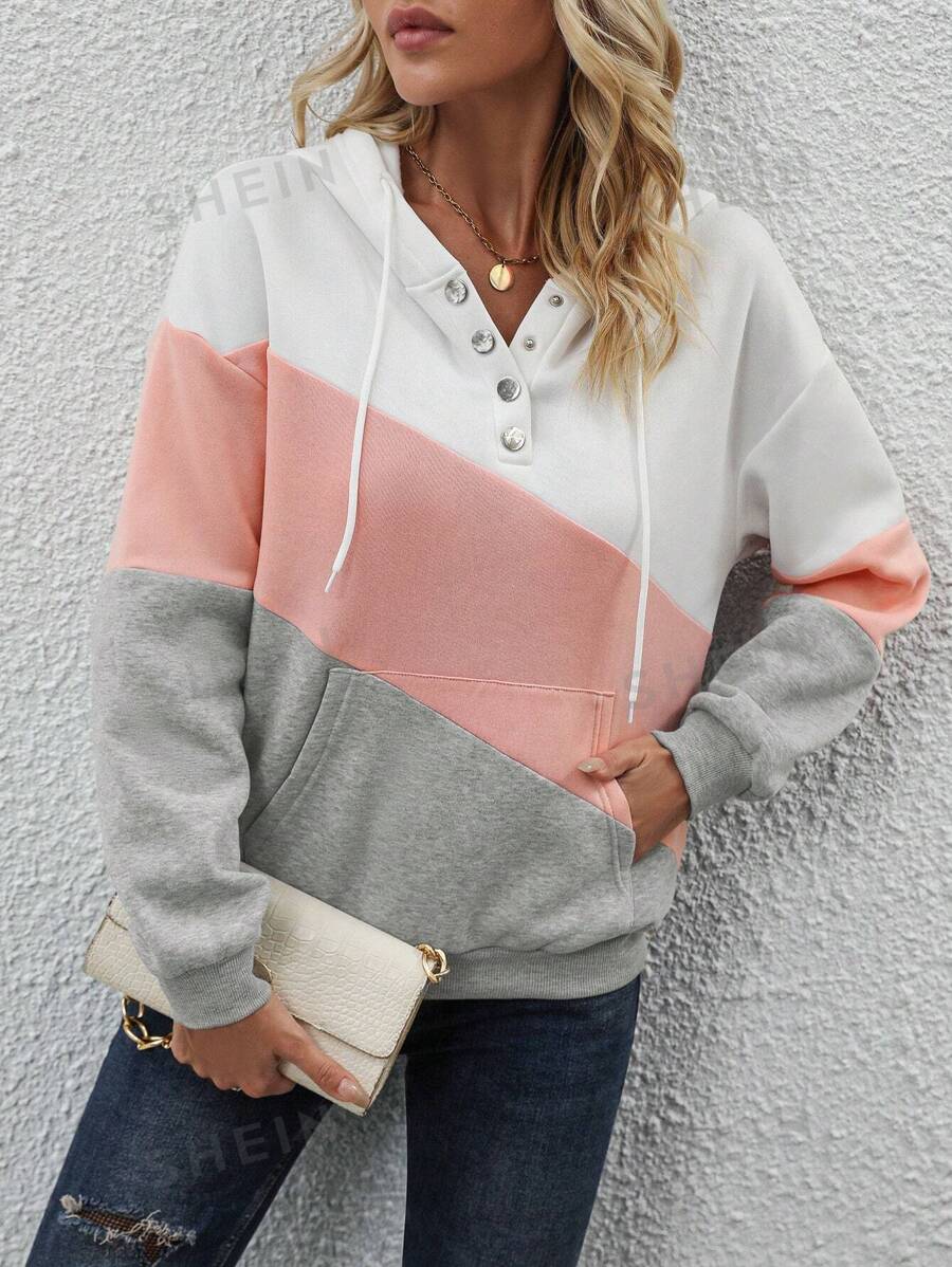 SHEIN LUNE Colour Block Kangaroo Pocket Half Button Drop Shoulder Drawstring Hoodie | SHEIN UK
