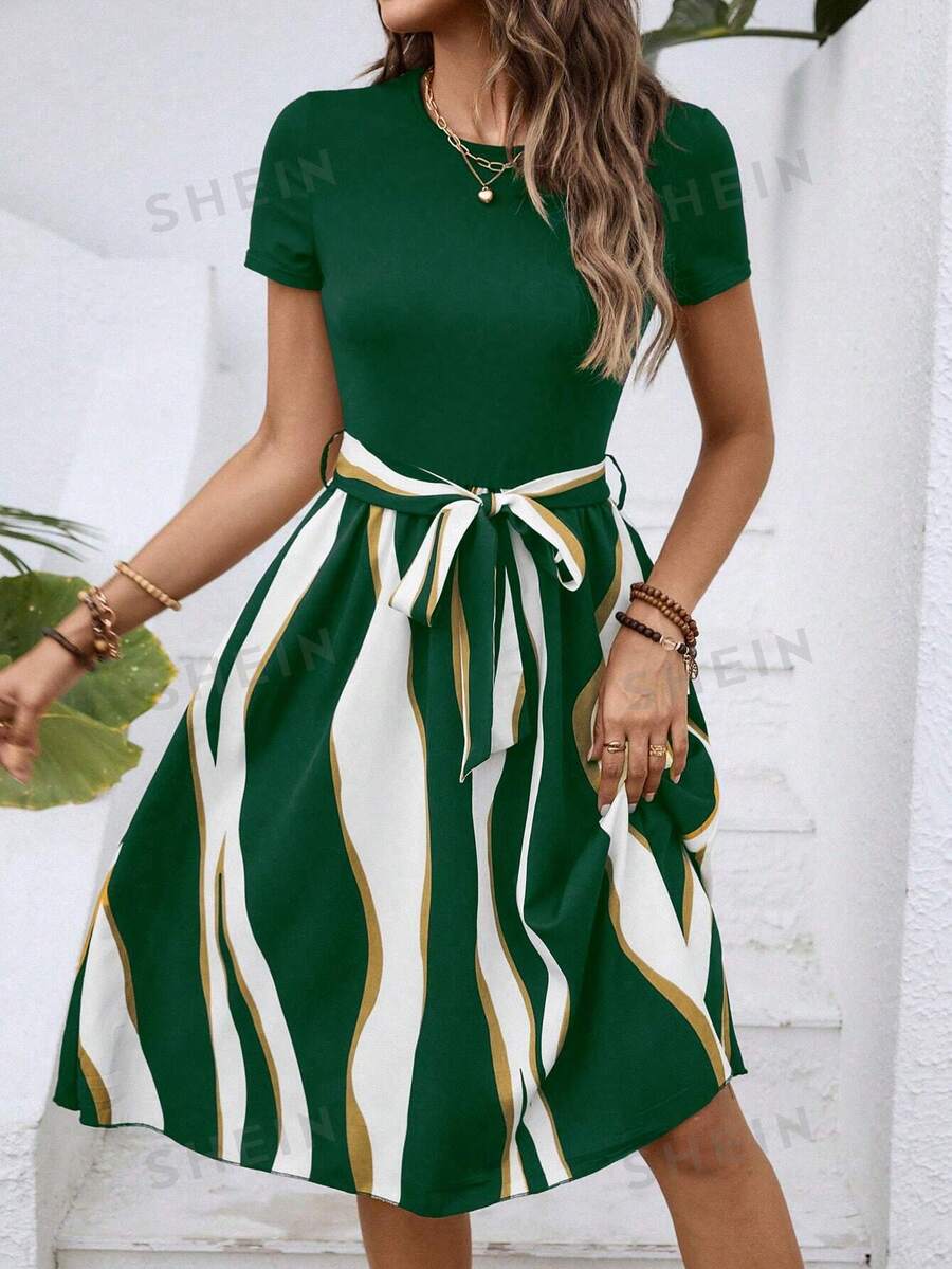 SHEIN LUNE Colorblock Belted A-line Dress | SHEIN USA