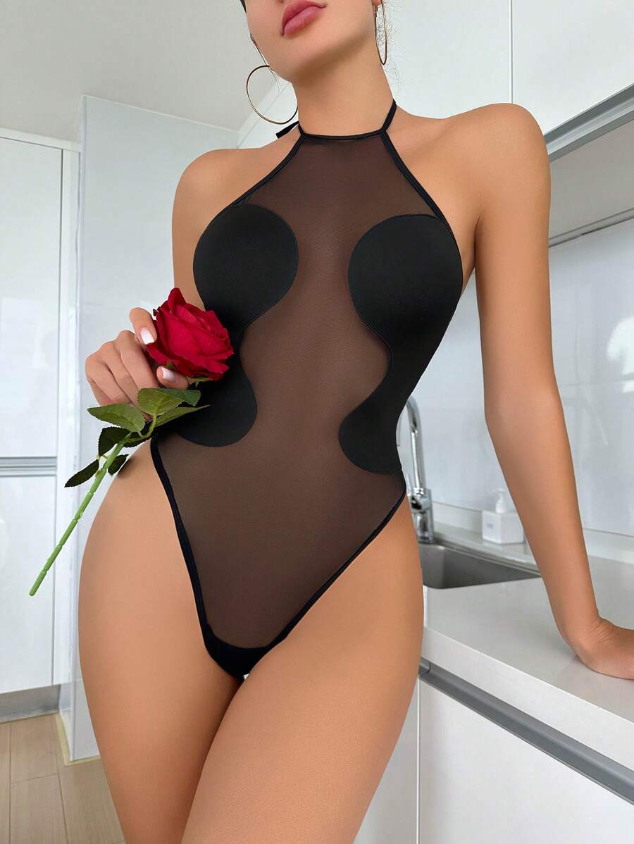 Classic Sexy Contrast Mesh Halter Neck Backless Bodysuit Shein Usa