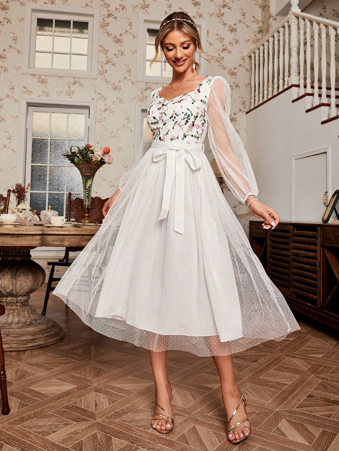 Simplee Floral Embroidery Mesh Overlay Belted Dress | SHEIN USA