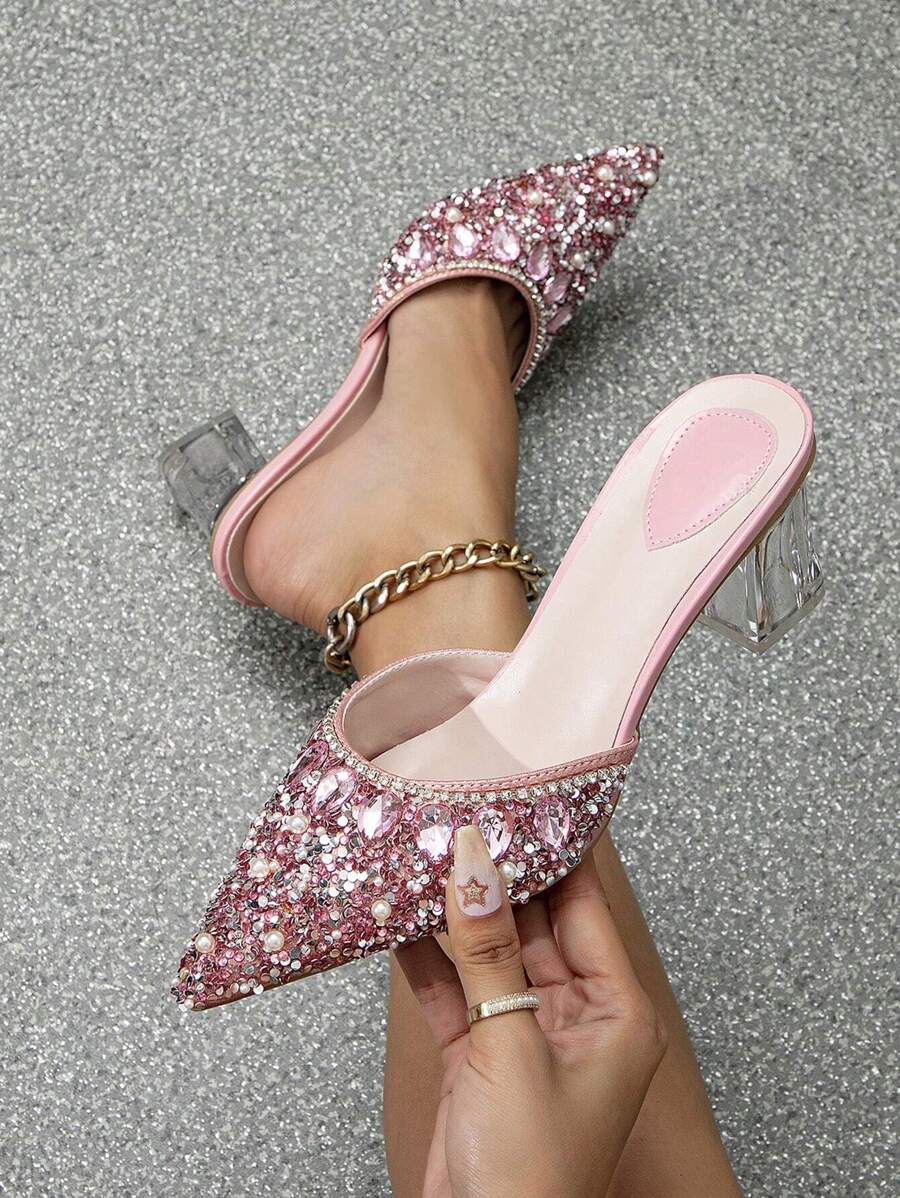 Women Fashion High Heel Mules, Stunning Rhinestone Decor, Transparent ...