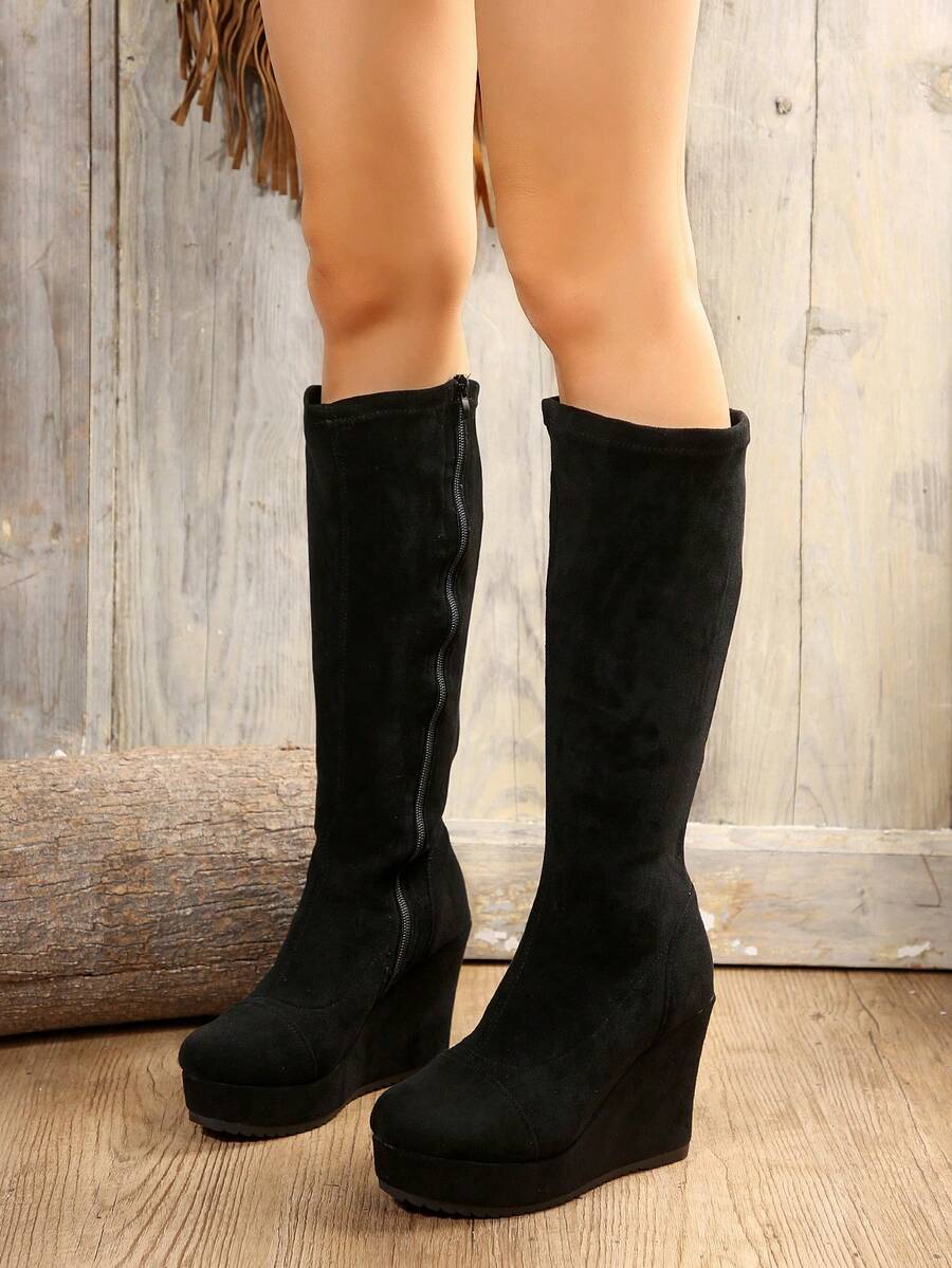 Fashionable Elastic Side Zipper Women's Wedge Heel Platform Boots ...