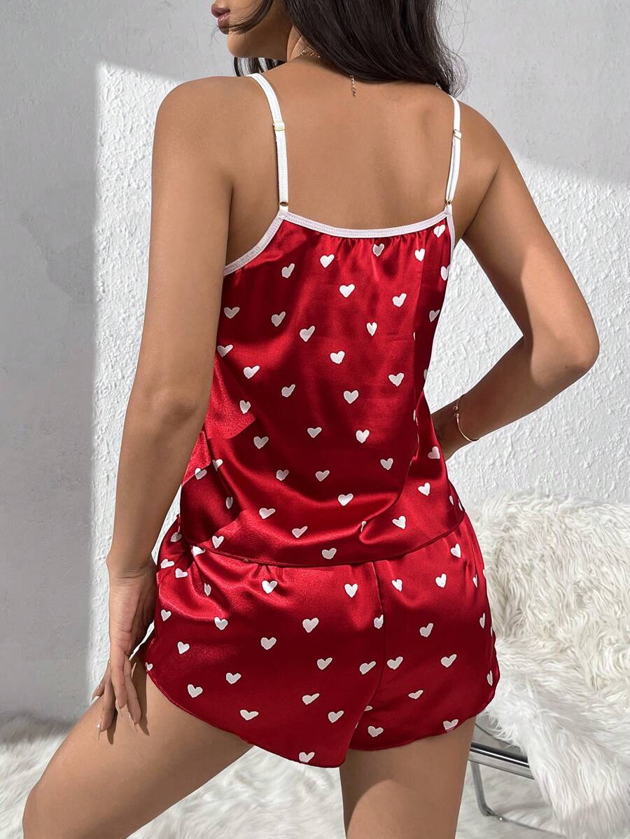 Heart Print Contrast Binding Satin PJ Set / Pajama Set | SHEIN USA