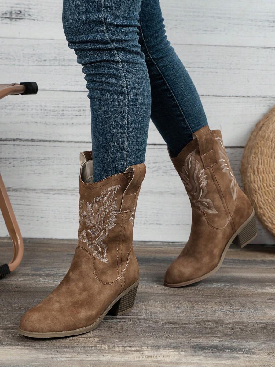 Women's Vintage Fashionable Western Embroidered Cowboy Boots | SHEIN USA